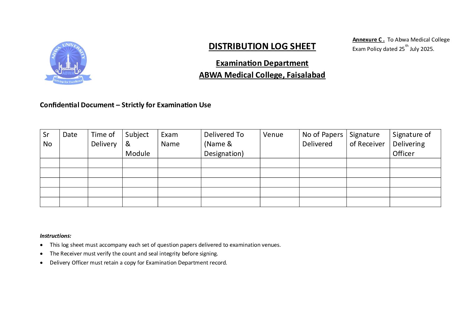ANNEXURE C-DISTRIBUTION LOG SHEET | ABWA Medical College