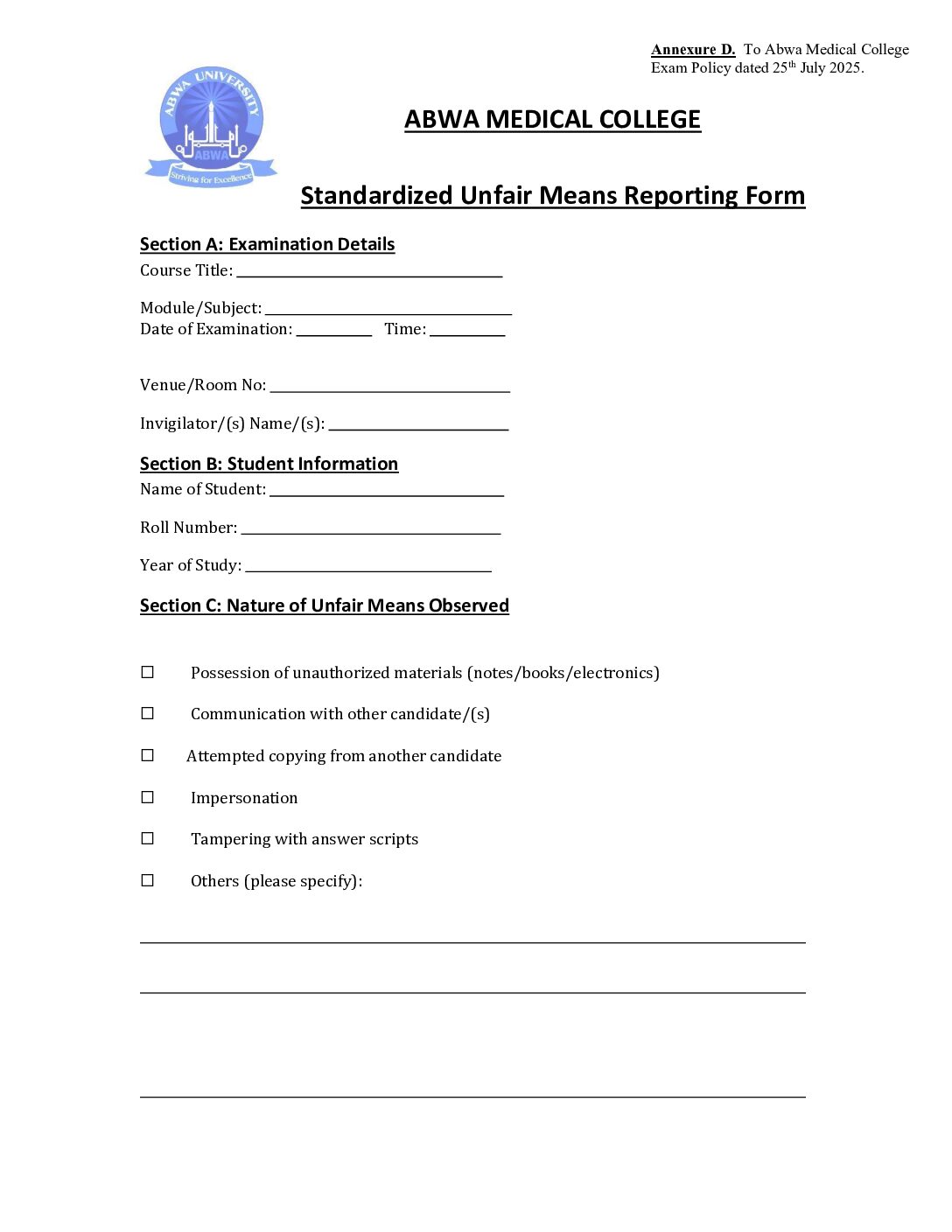 ANNEXURE D-Unfair Means Reporting Form ABWA | ABWA Medical College
